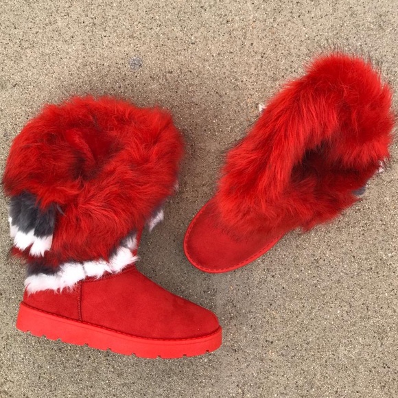 Shoes | New Womens Red Mid Calf Furry Cozy Winter Boots | Poshmark